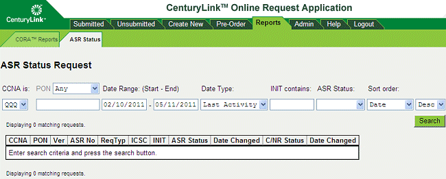 Searching for a Request to View Status (from Reports tab)