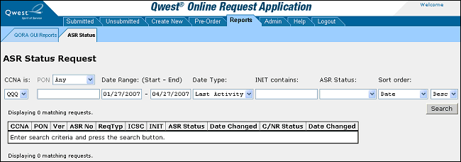 Searching for a Request to View Status